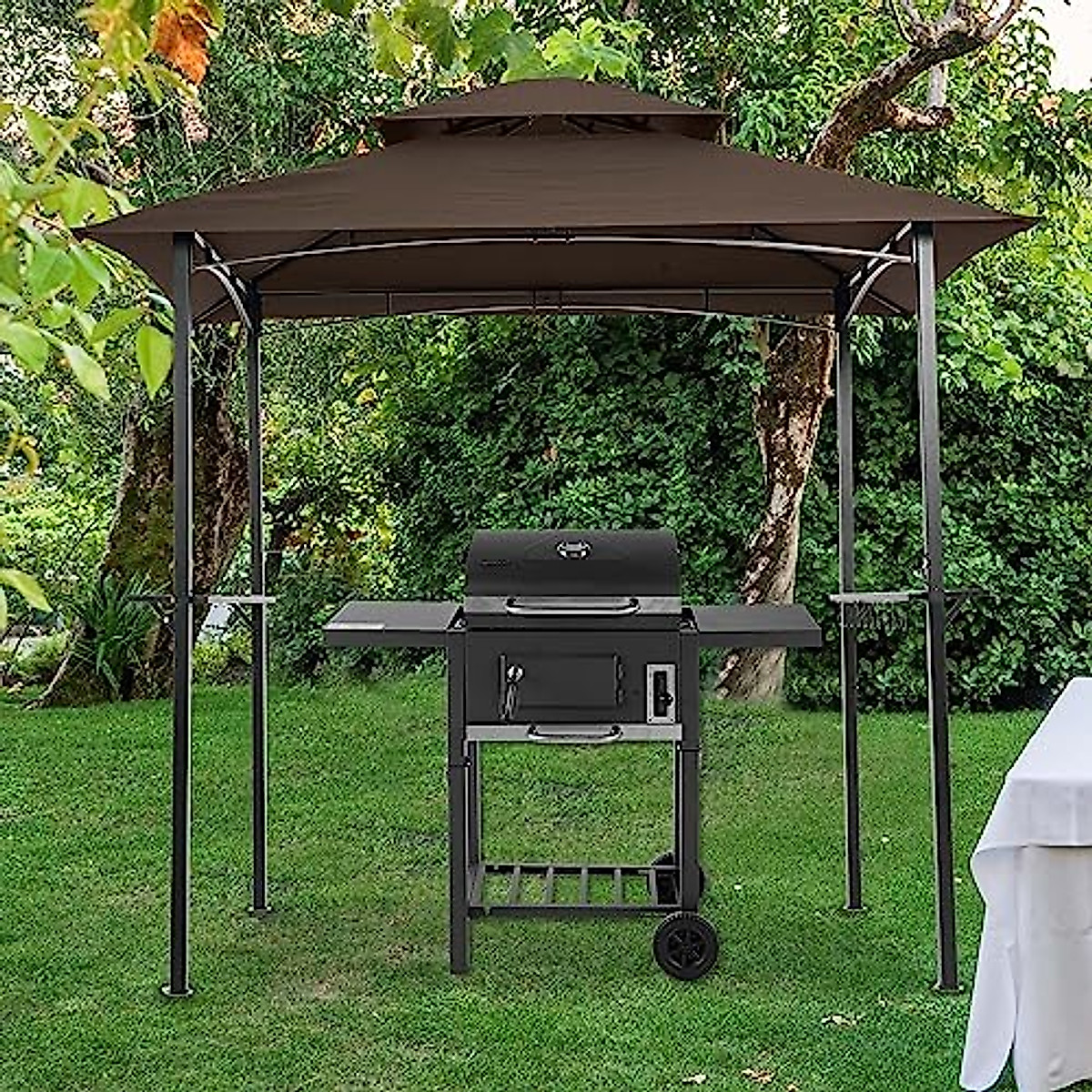 Outdoor Grill Gazebo 8 x 5 Ft, Shelter Tent, Double Tier Soft Top Canopy and Steel Frame with Hook & Bar Counters for Barbecue Picnic Party Garden (Brown)