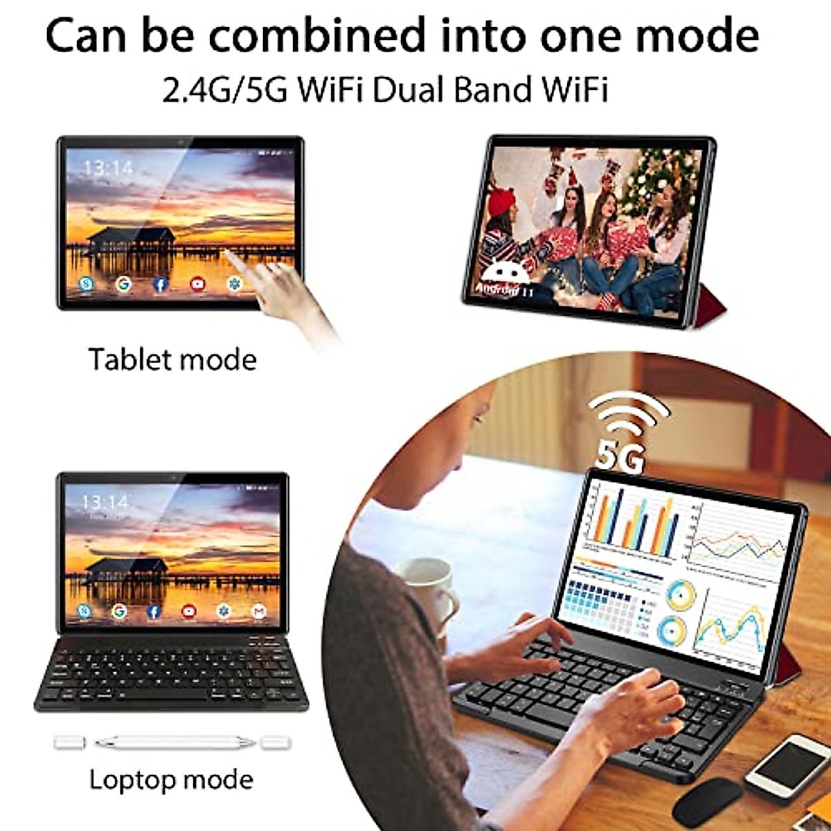 DUODUOGO Tablet with Keyboard, 2 in 1 Tablet 10 inch Android 11 Tablet, Quad-Core Processor, 64GB+4GB, 128GB Expandable, 2.4+5G WiFi, Dual Camera, 6000mAh, Bluetooth, FM (Red)