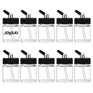 SAGUD 10pcs Glass Airbrush Bottles Kit 18cc (2/3 Ounce) Airbrush jar with 10pcs Adapter Cap Covers Set and 60° Down Angle Adaptor Lid,Fits Single Action Siphon Feed Airbrushes