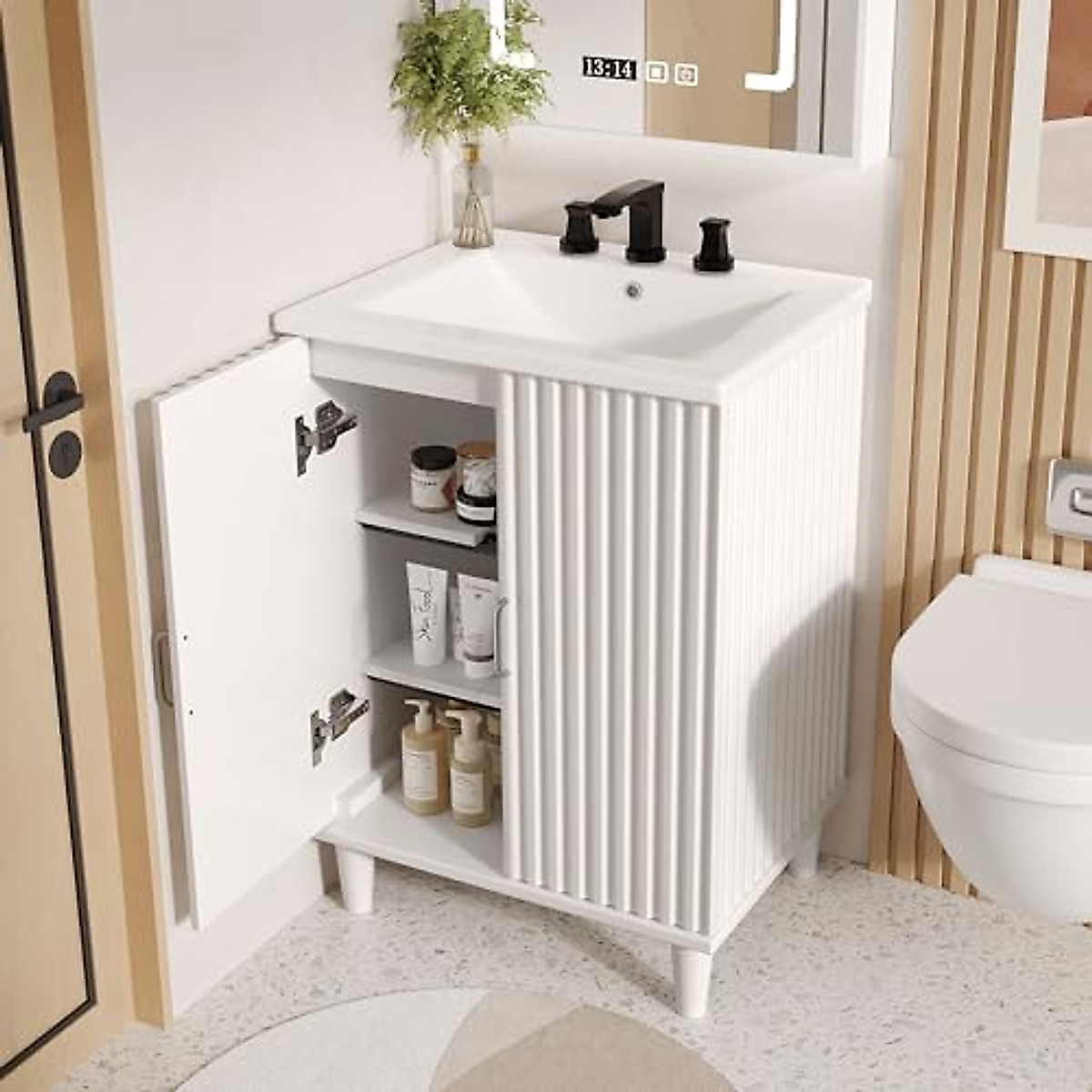 Merax, White 24" Bathroom Vanities Cabinet with Sink, Freestanding Multi-Functional Storage Organizer, Two Doors and Adjustable Shelves