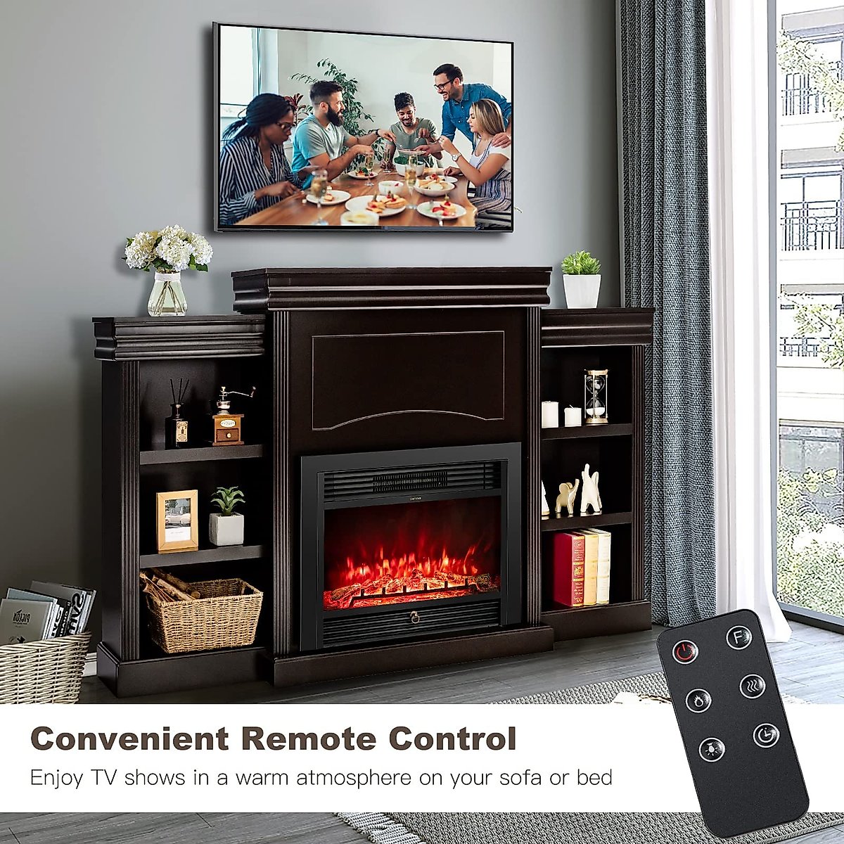 Tangkula 70" Mantel Fireplace TV Stand, 750W/1500W Electric Fireplace Heater Insert Cabinet w/Remote Control, 1-8H Timer, 5-Brightness & 3-Color Flame, Media Console Center w/Open Shelves (Espresso)