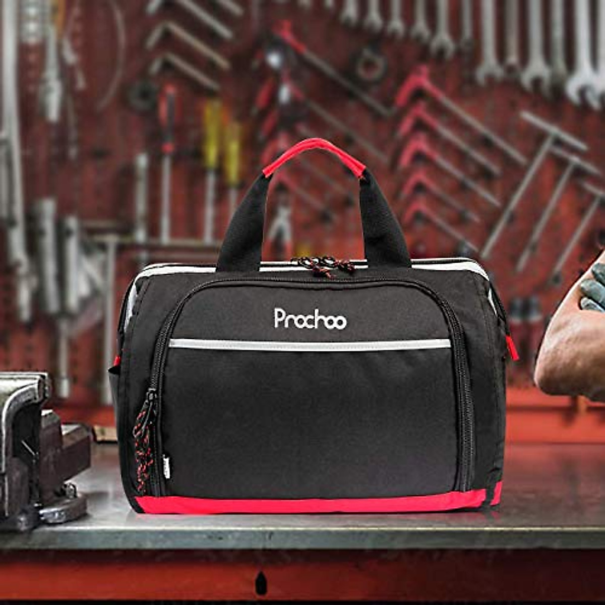 Pnochoo Waterproof Tool Bags for Men or Women, 16-inch Wide Mouth Tool Tote Bag with 25 Pockets for Tool Organizer & Storage, with Adjustable Shoulder Strap (16IN, Black/Red)