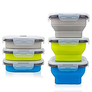 Lunbengo Set of 3 Collapsible Food Storage Containers with Lids, 5.9 x 5.9 x 3.3inch Silicone Lunch Container Bento Box for Sandwiches Salads Snacks Cereal, Microwave Safe, 900ml