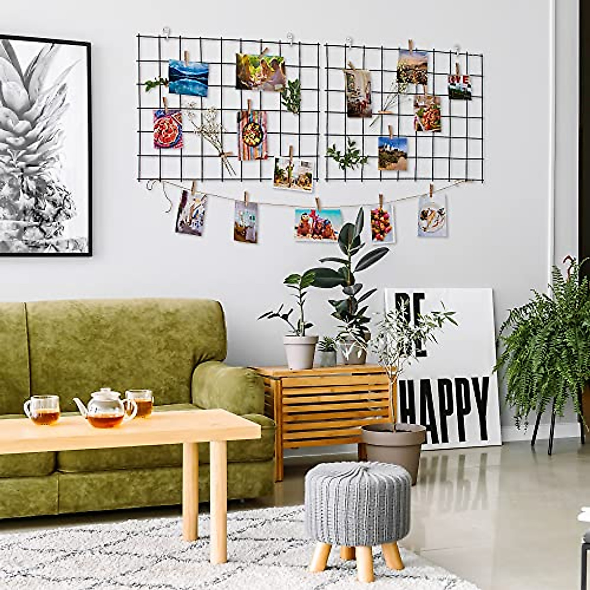 elkayconcepts Wire Wall Grid Panel, Set of 2 with Accessories, Photo Grid, Polaroid Hanging Metal Grid Wall Decor, Wire Wall Grid Organizer, Above Desk Wall Organizer (Black, 25" x 17")