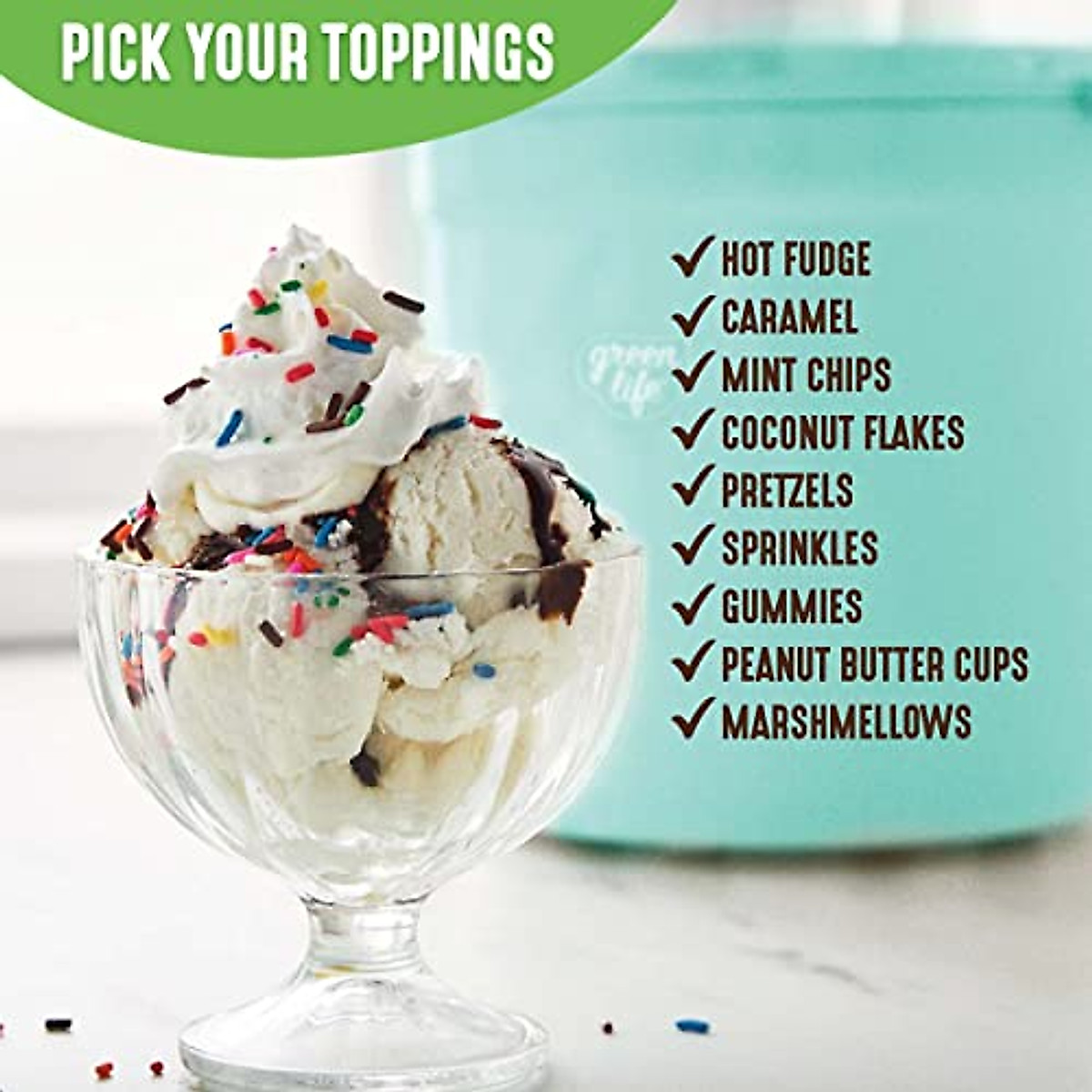 GreenLife 1.5QT Electric Ice Cream, Frozen Yogurt and Sorbet Maker with Mixing Paddle, Dishwasher Safe Parts, Easy one Switch, BPA-Free, Turquoise