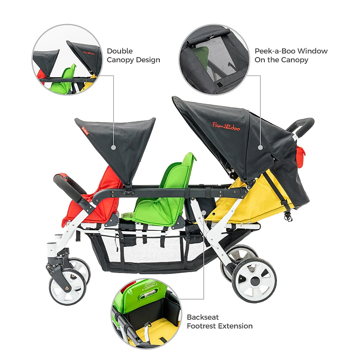 Familidoo H3E 3 Seat Baby Stroller - Tandem Daycare Triple Stroller with 5 Point Safety Harness - for Infants & Toddlers 0-3 Years - Lightweight & Foldable - All Reclining Seats