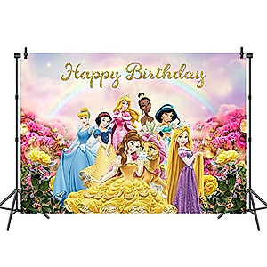 Betta Princess Happy Birthday Backdrop Colorful Rainbow Flowers Photo Backdrop Cartoon Fairy Tale Little Girl Princess Birthday Party Background Multicolor Glitter Photography Background 7x5ft