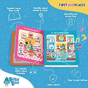 Ditty Bird Talking Books 100 Places | 100 Words for Vocabulary & Speech Learning | Sound Books for Toddlers 1-3 | Children's Interactive Toddler Books with Great Pictures | Sturdy Baby Sound Books