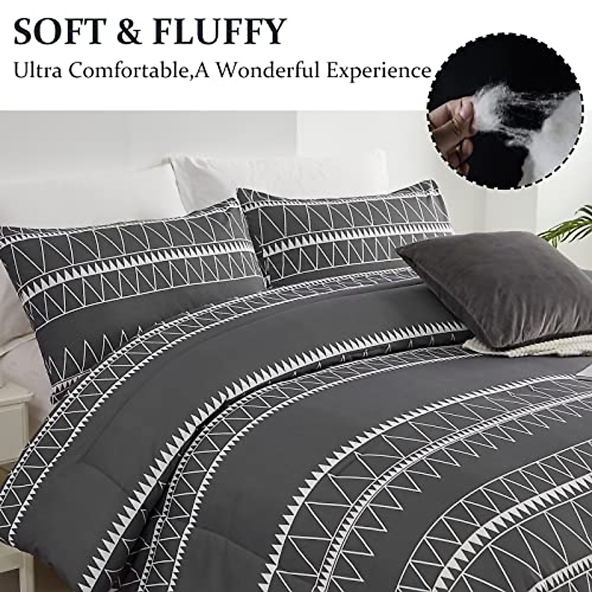 Dark Grey Comforter Set King, Reversible Gray Boho Triangle Bedding Comforter Set for King Bed - 3 Pieces (1 Comforter + 2 Pillowcases), Lightweight Microfiber Bedding Set 104"x 90"