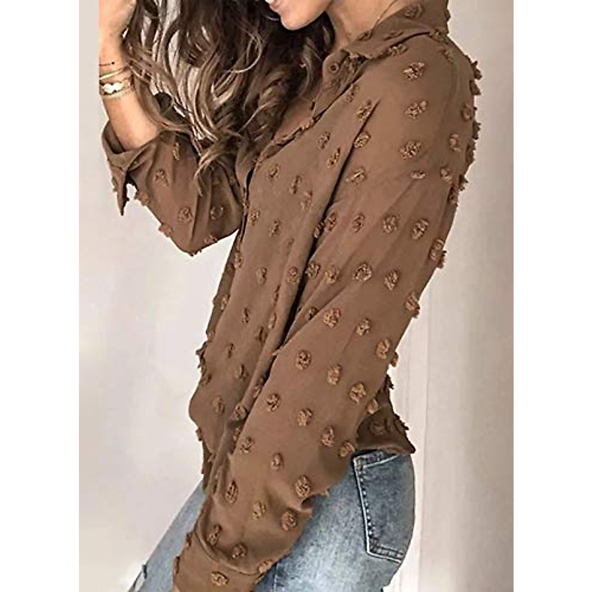 Astylish Womens Soft Cuffed Sleeve Pompom Collar Shirts Long Plus Size Button Down Blouse Tops Brown Small