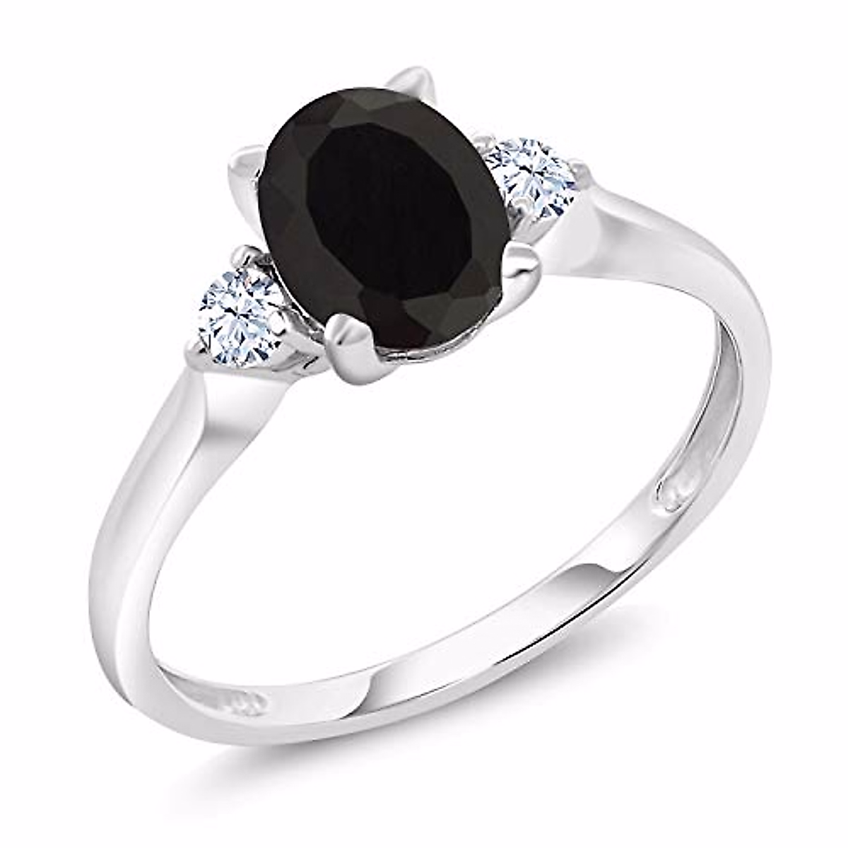 Gem Stone King 10K White Gold Black Onyx and White Created Sapphire 3 Stone Engagement Ring For Women (1.35 Cttw, Gemstone Birthstone, Available In Size 5, 6, 7, 8, 9)