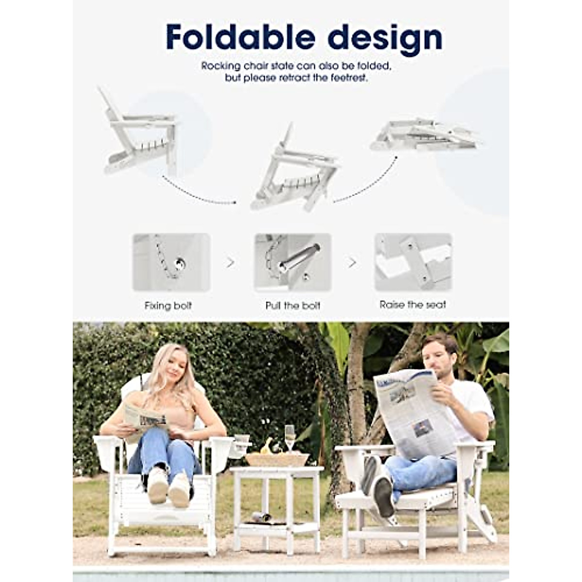 KINGYES Folding 4 in 1 Multifunctional Adirondack Rocking Chair, White