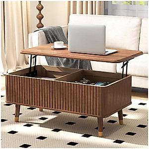 JOINICE,Lift Top Coffee Table with Storage,Mid Century Modern Coffee Table,Fluted Wood Coffee Table,Multi-Functional Center Table for Living Room,Convenient for Dining,Gaming,or Working,Walnut