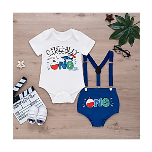 Fantasy Era Baby Boys O-Fish-Ally Printing 1st Birthday Outfit Funny Bowtie One Year Old Boys Romper Short Set （Blue，12-18Months）