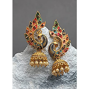 Bindhani Indian Bollywood Style Gold Toned Peacock Meenakari Jhumka Earrings For Women