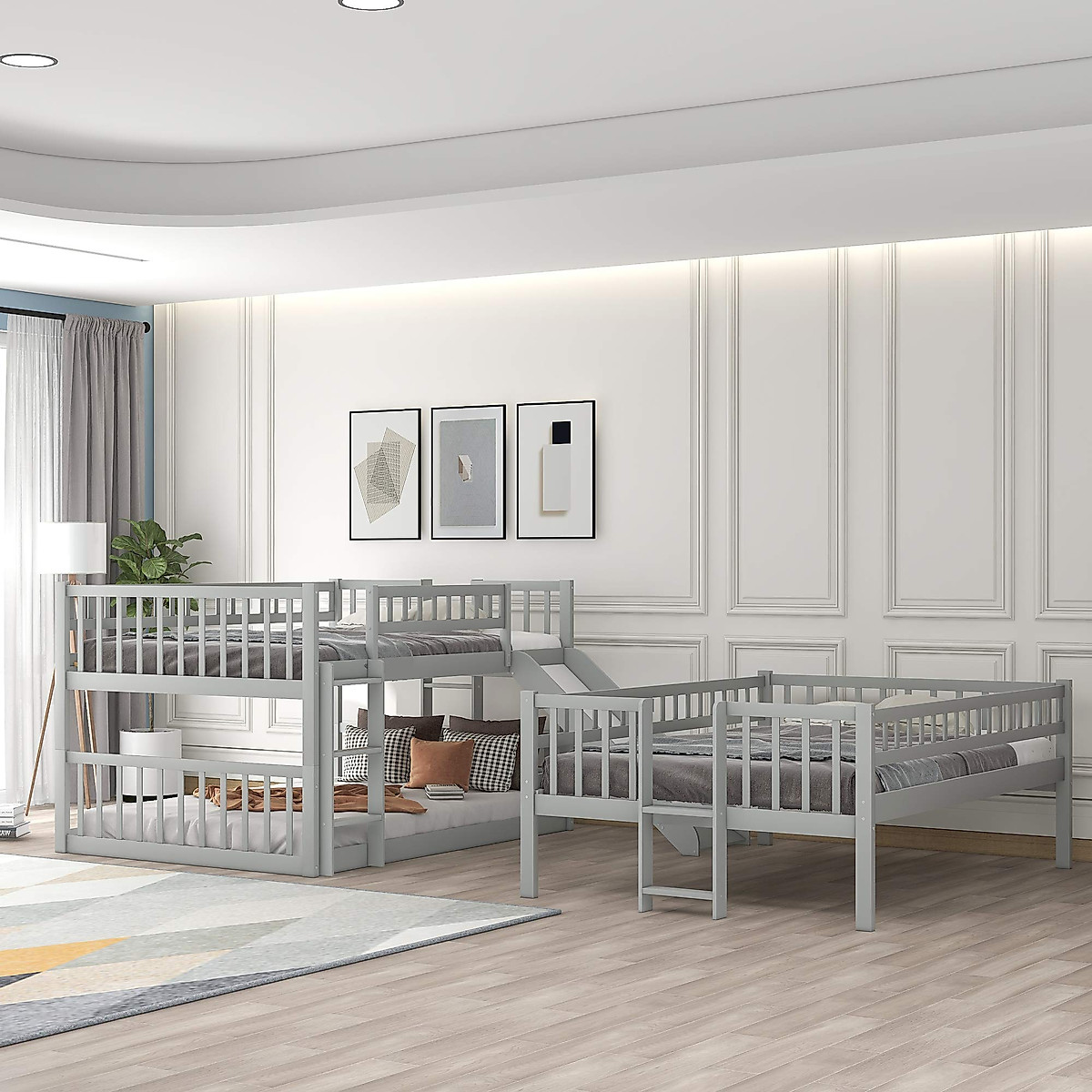 HABUHOME Full-Over-Full-Over-Full Bunk Bed with Built-in Ladder and Slide, Wooden Triple Bunk Bed with Guardrails,Gray