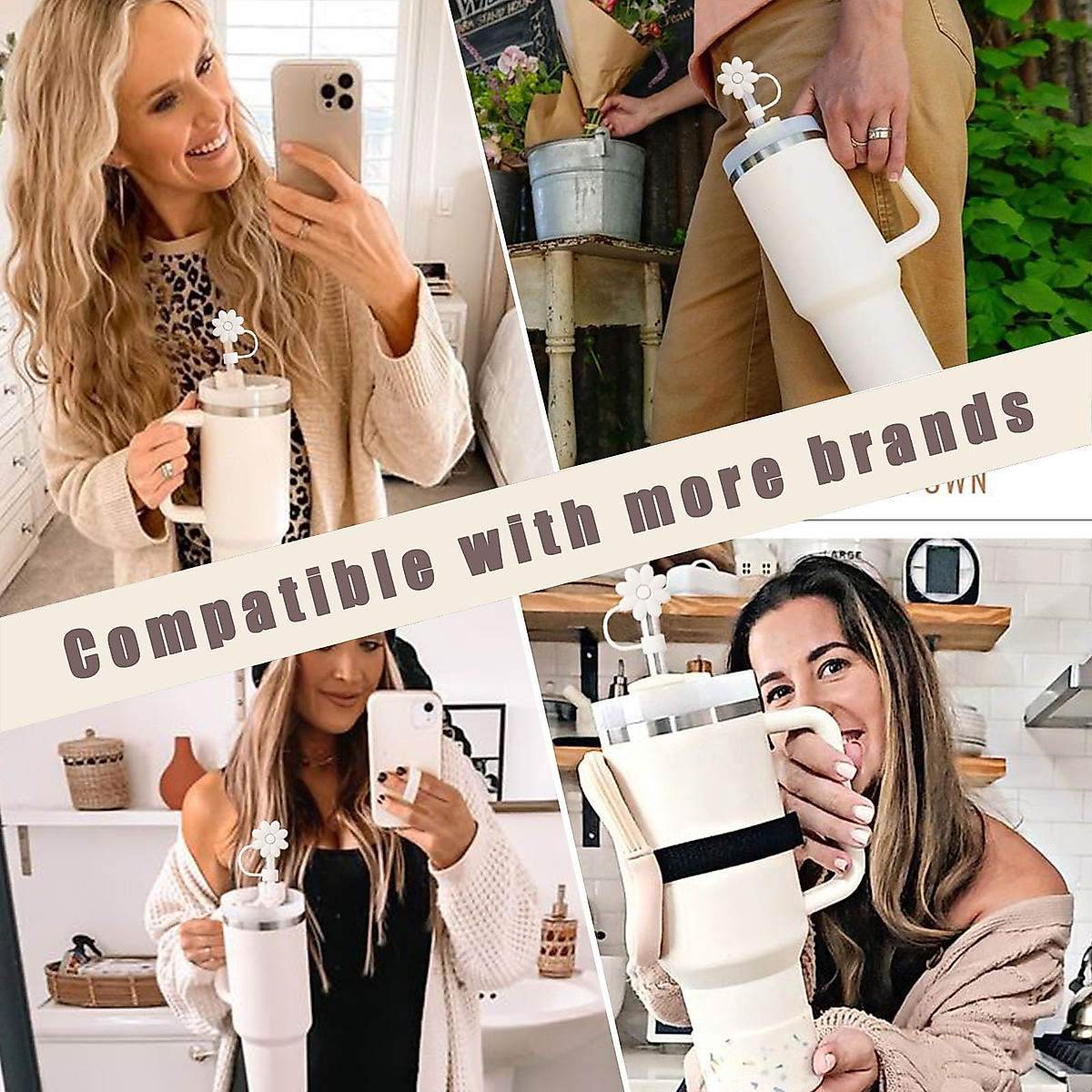 SEMATA Flower Straw Covers Toppers for Stanley Cups 30&40 Oz Tumbler with Handle Accessories 4PCS Silicone Straw Caps Reusable Straw Tips Protectors for Stanley Cup 10mm 0.4in Straws,Off White