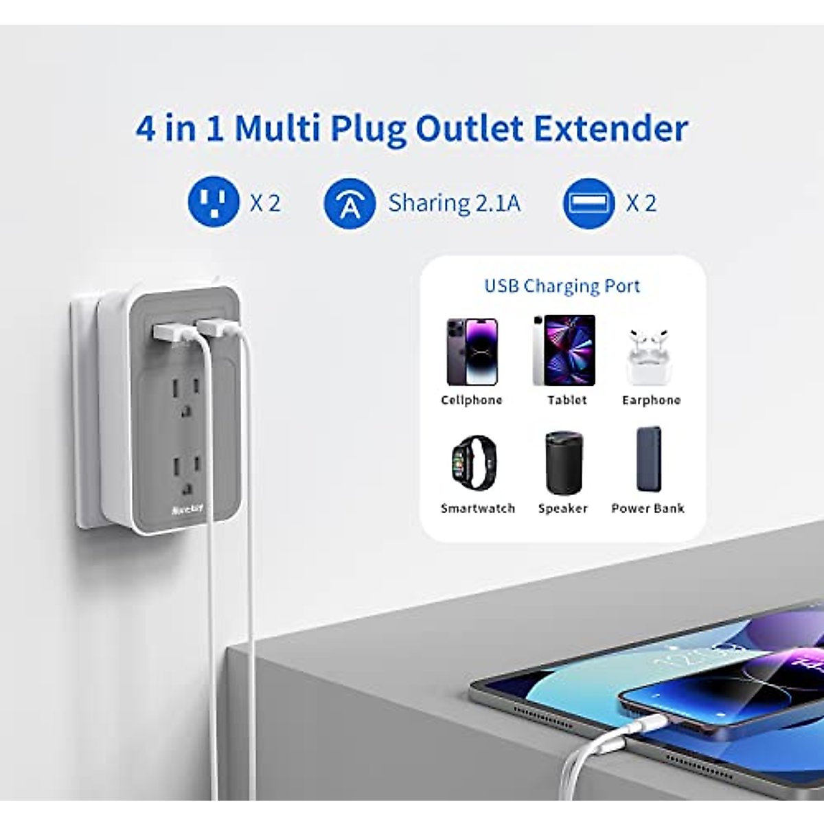 Outlet Extender with Multi Plugs, Huntkey Multi USB Plug Outlet Splitter W. Phone Cradle & 2 USB A Plug Charging Port （No Surge Protector)
