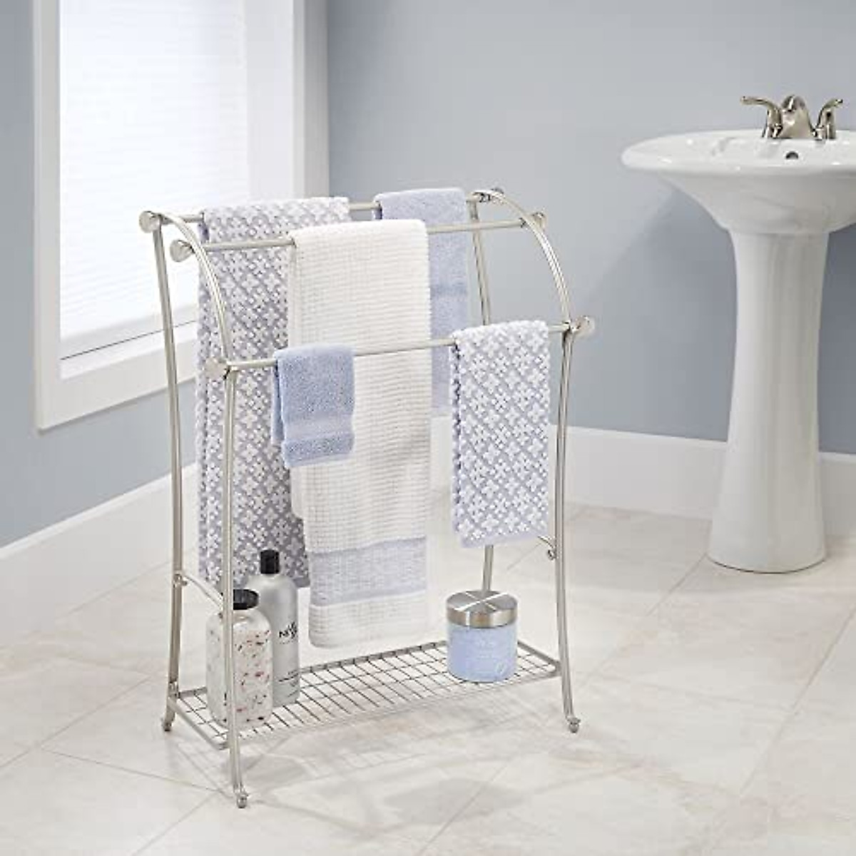mDesign Large Standing Metal Bathroom Towel Holder Stand with Shelf - 3-Tier Towel Rack Stand for Hanging Bath, Hand, and Fingertip Towels - Towel Stand for Bathroom - Hyde Collection - Matte Satin