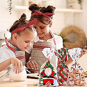 SUPERLELE Christmas Cellophane Bags 168 PCS with 180 PCS Twist Ties 8 Assorted Styles as Gift Box Santa Snowman Pattern Snack Bags for Treat Candy Goodie Christmas Party Supplies