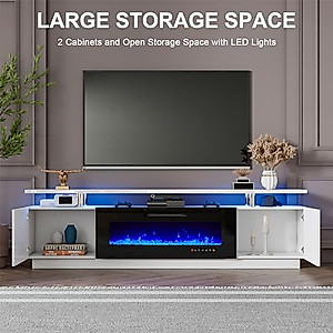 LUXOAK 80" Fireplace TV Stand, Modern High Gloss Finish Media Console with 40" Electric Fireplace, Open Storage Entertainment Center for TVs Up to 90" with LED Lights, White