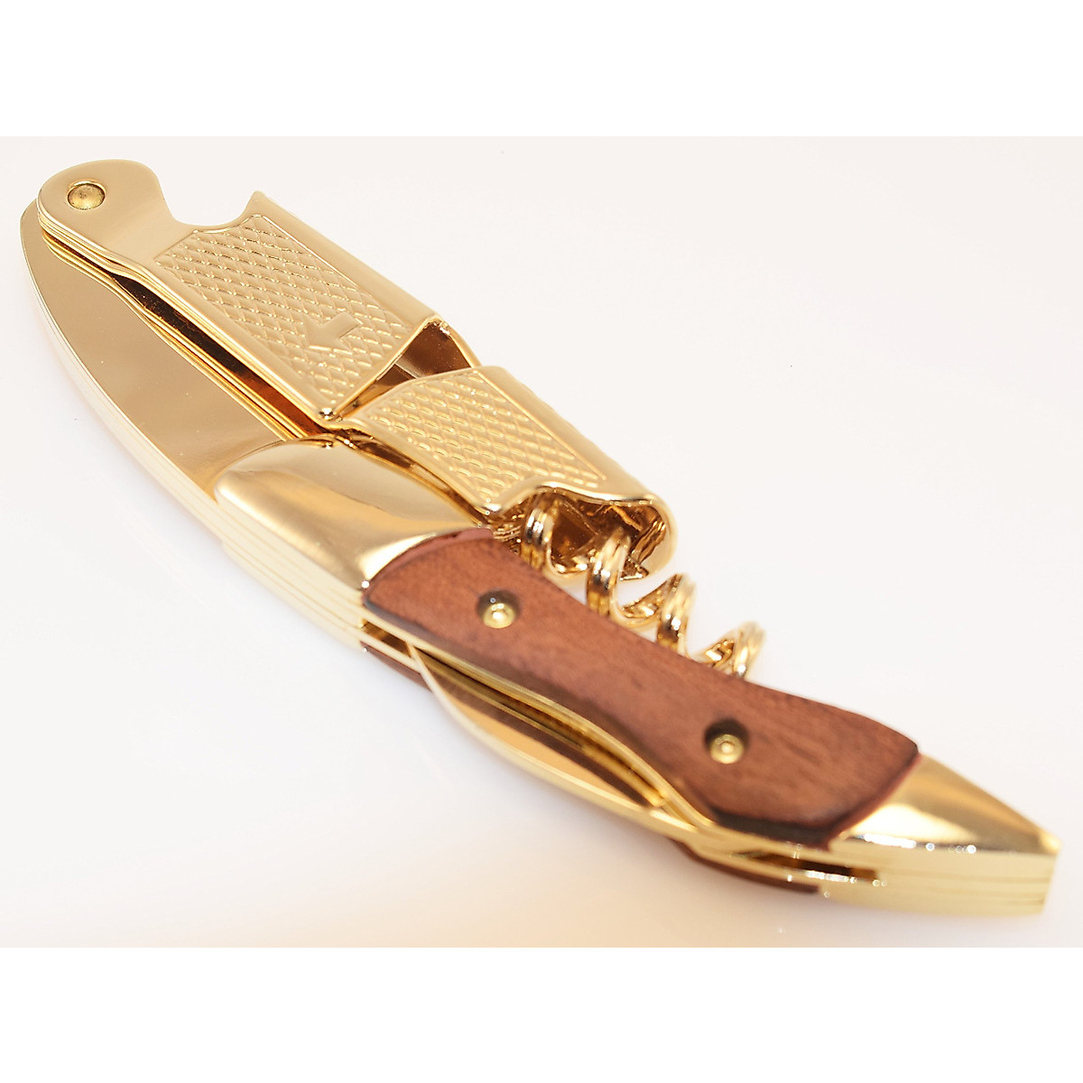 Gold Plated Corkscrew w/Wood Handle Professional Double Hinge Waiters Wine Key