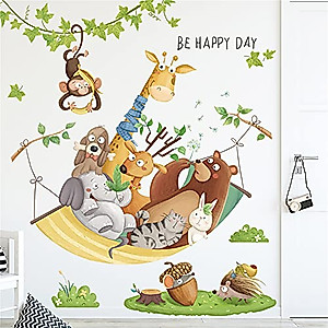 WAFT YEARN Waterproof Removable Watercolor Vinyl PVC Giraffe Safari Animal Wall Decal Wall Sticker Decor Nursery Kids Room Classroom Living Room Bedroom Bathroom Colorful Safari Jungle Wallpaper