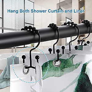 TENOVEL 12 pcs Black Double Sided Shower Curtain Hooks Black & Black Curved Shower Rod