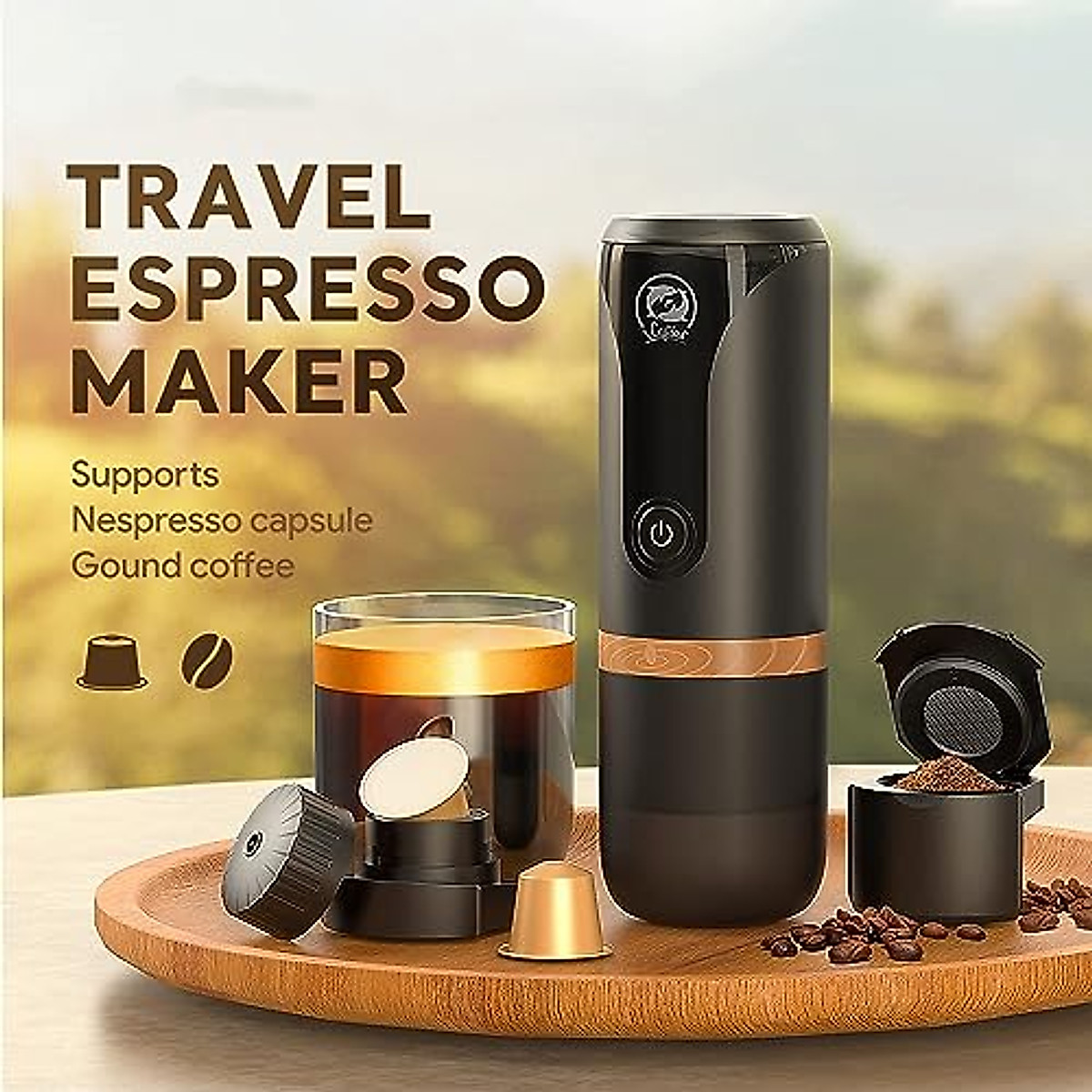 TASKITERY Portable Espresso Maker,12V Travel Coffee Machine,9 Bar Pressure Compatible with NS Capsule & Ground Coffee for Office Travel Camping Driving