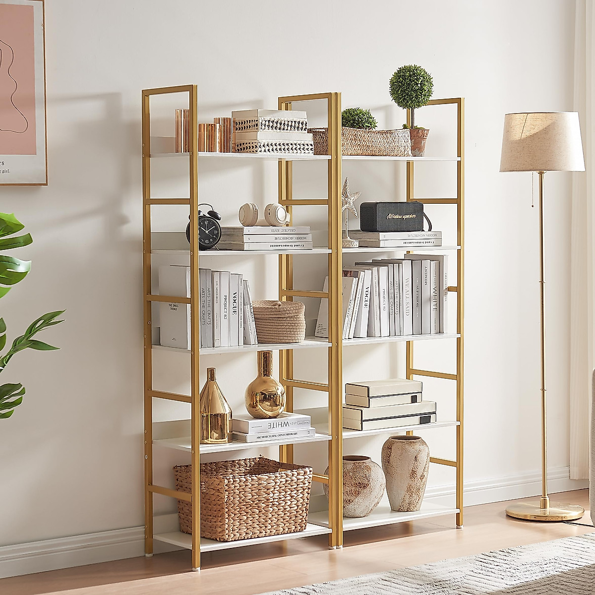 Alaxgumrol 5 Tier Glod Bookshelf, Open Shelf for Storage, Tall Narrow Bookcase, 5 Shelf Corner Bookshelf with Edge Protection, Modern Book Shelves for Bedroom, Living Room, Office, Kitchen