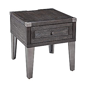 Signature Design by Ashley Todoe Industrial Square End Table with 1 Drawer, 2 Outlets and 2 USB Charging Ports, Dark Gray with Weathered Pine Finish