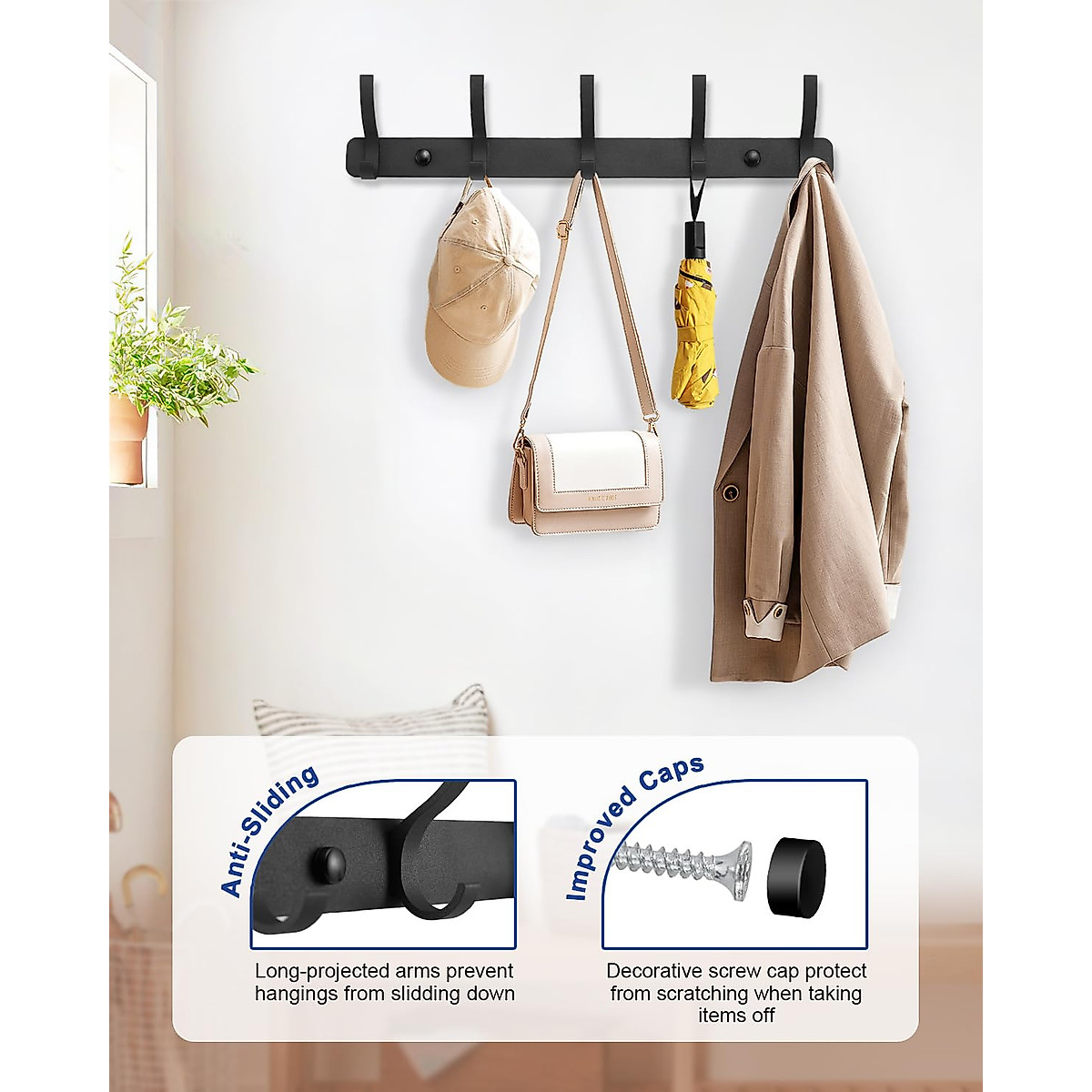 DECLUTTR 2 Pack Coat Rack Wall Mount, 5 Heavy Duty Wall Hooks for Hanging, Metal Wall Mounted Towel Rack Hat Rack for Mudroom Bathroom Entryway, Black