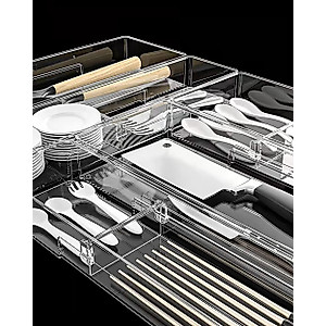 AOBOC Clear Plastic Kitchen Drawer Organizer with Two Adjustable Compartments,Flatware Organizer for Silverware,Cutlery or Kitchen Gadgets (3.9W×16.2L)