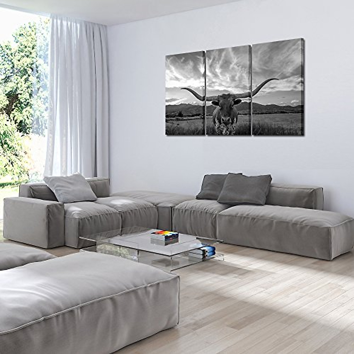 Kreative Arts - Large Modern Canvas Wall Art for Home and Office Decoration Animal Pictures Print Art on Canvas Texas Longhorn Canvas Prints Giclee Artwork for Wall Decor 16x32inchx3pcs
