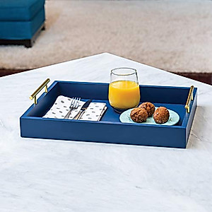 Esther Decorative Coffee Table Tray – Navy Blue Wood Serving Tray for Ottoman, Polished Gold/Silver Interchangeable Metal Handles (2 Sets), Rectangular Wood Construction, 16.5x12.25, Matte Finish