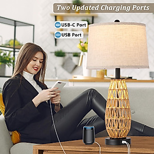 TUUANA 26in Rattan Table Lamps Set of 2 with USB Charging Ports, Farmhouse Wicker Lamps for Living Room End Table, Coastal Lamps for Bedroom Bedside Nightstand, 2 LED Bulbs & 2 Nightlights Included