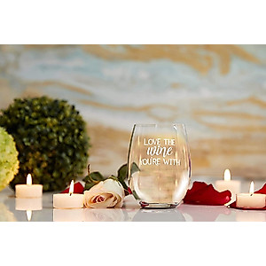Lushy Wino – Love The Wine You're With – Cute, Novelty, Etched Stemless 16-Ounce Wine Glass with Funny Sayings in Gift Box