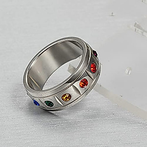 ANAZOZ Stainless Steel Wedding Bands Women and Men, 8MM Cubic Zirconia Rainbow Engraved Ring for Him and Her, Women Size 9 + Men Size 8