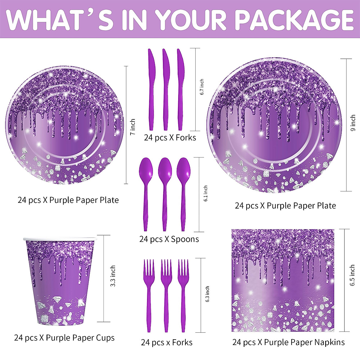 YJRJSC Purple Plates And Napkins Party Supplies - Purple Party Decorations Tableware, Paper Plate, Napkin, Cup, Disposable Cutlery, Glitter Purple Bridal Shower Birthday Table Decorations | Serve 24