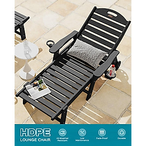 Chaise Lounge Chair Outdoor with Wheels, Double Cup Holders Adjustable 5-Position Chaise Lounge Outdoor with Wood Texture, Patio Lounge Chair for Poolside Backyard, Black