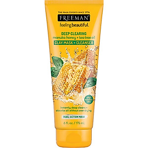 Freeman Deep Clearing Manuka Honey & Tea Tree Oil Clay Mask + Cleanser, Healing and Skin Purifying Beauty Face Mask, 6 fl oz tube/175 mL