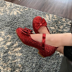 Stelle Girls Dress Shoes Glitter Princess Shoe Flower Mary Jane Low Heels Party Wedding Prom Footwear for Toddler Kids(T08-Red, 7MT)