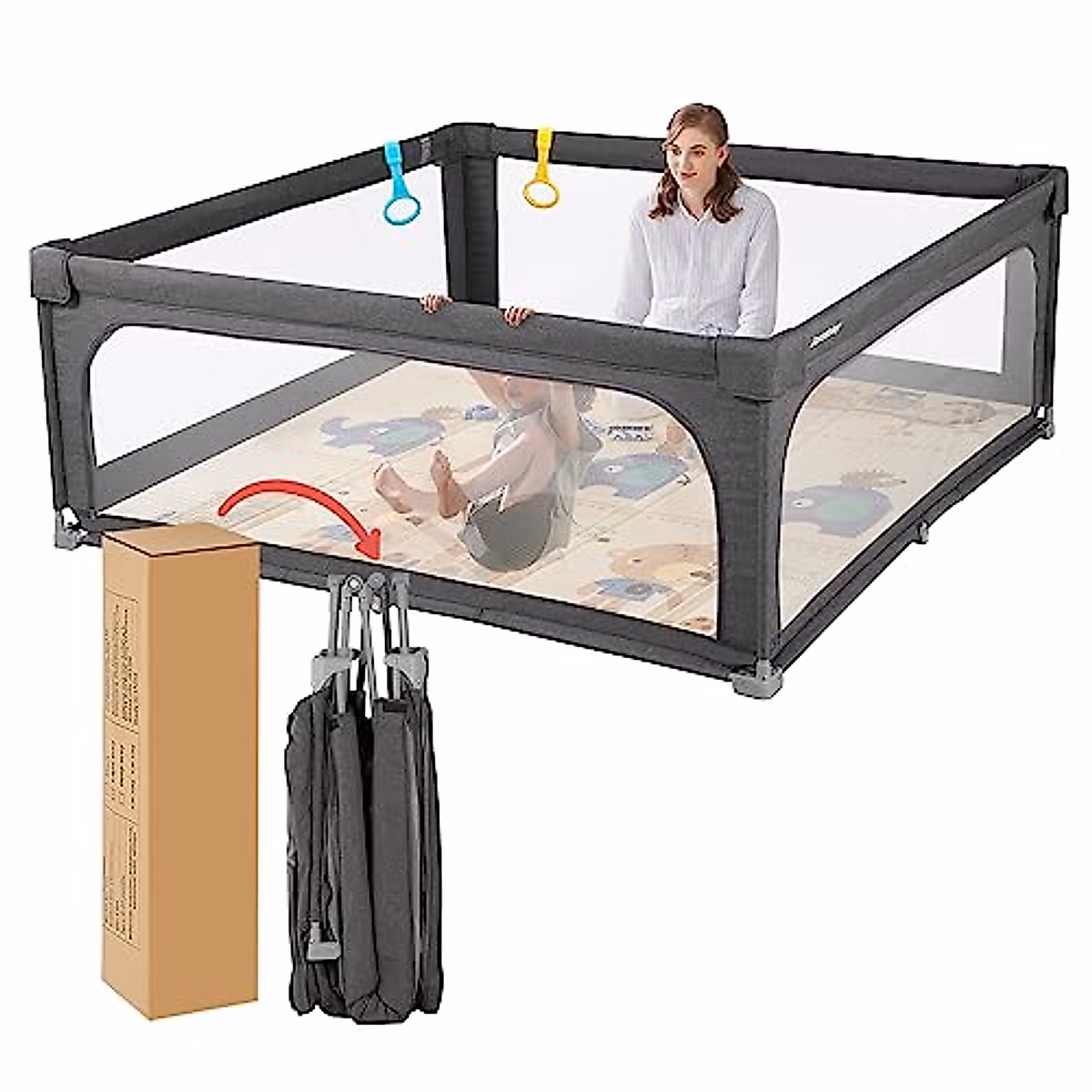 Baby Playpen Portable Playpen for Babies and Toddlers, Foldable Baby Gate Playpen with Large Doors, Indoor & Outdoor Baby Play Yard (Grey)