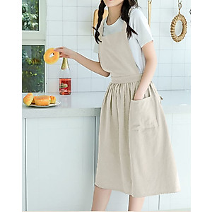 Cute Retro Cotton Linen X-Back Aprons Home Kitchen Garden Art Painting Pinafore Florist Shop Overalls (Beige, 39L)