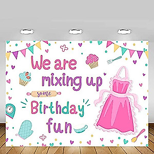 MEHOFOND 7x5ft Baking Cooking Girl Birthday Backdrop We are Mixing Up Some Birthday Fun Pink Cake Kitchen Party Table Banner Decor Photography Props Background Photocall Supplies