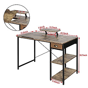 X-cosrack Computer Desk with Storage Shelves Drawer, 43” Home Office Desk with Monitor Stand, Adjustable and Tiltable Draft Drawing Table Writing Study Workstation for Home Office Artist, Rustic Brown