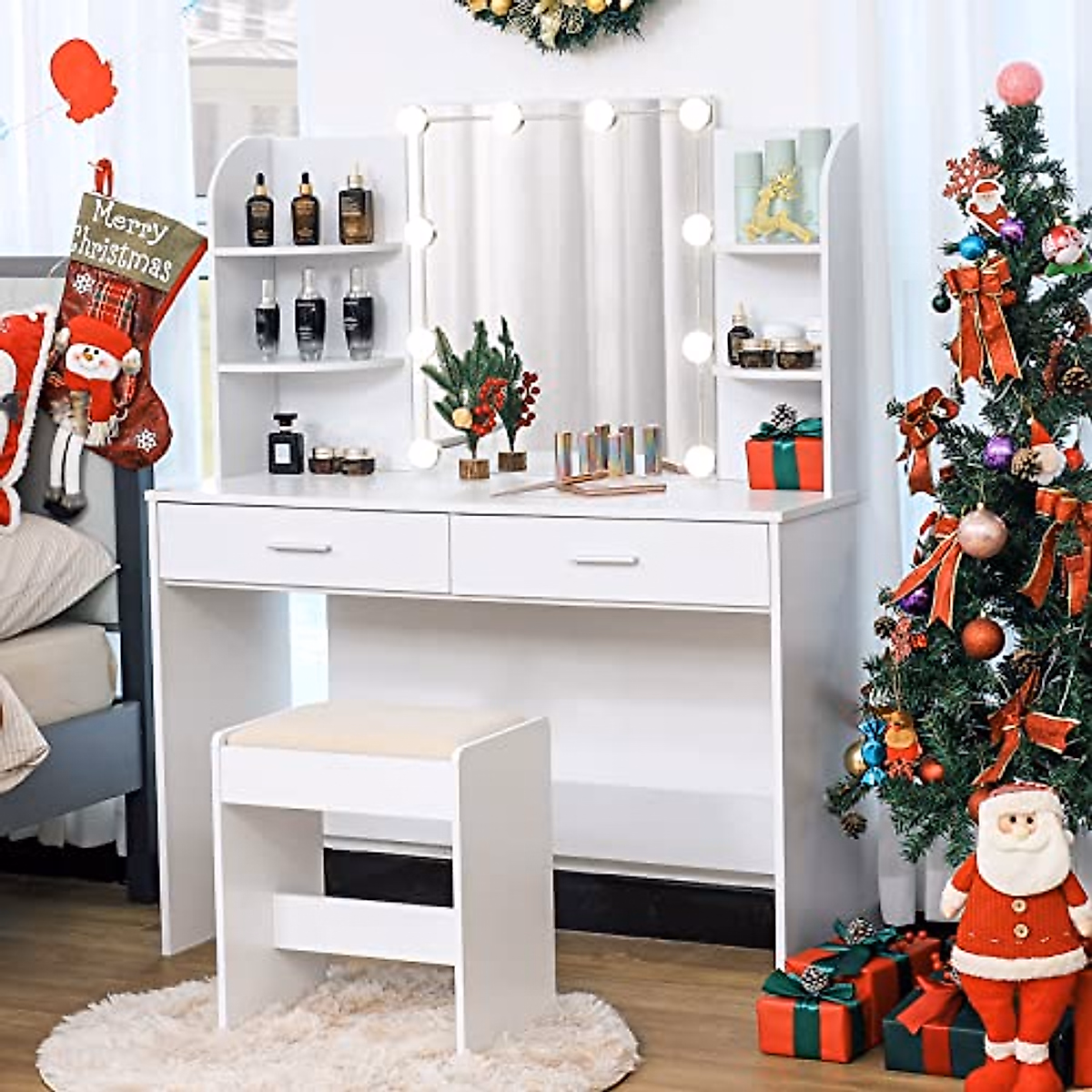 usikey Large Vanity Set with 10 Light Bulbs, Makeup Vanity Table with 2 Drawers, 6 Storage Shelves & Cushioned Stool, Vanity Desk Vanity Table for Bedroom, White