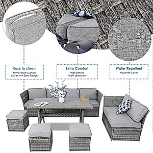 VONZOY 7 Pieces Outdoor Patio Furniture Set PE Wicker Rattan Sectional Conversation Sofa with Dining Table and Chair, Grey