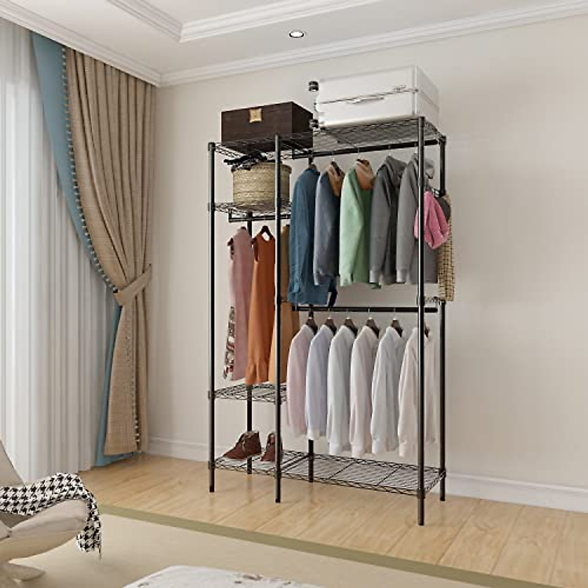 Doredo Metal Clothing Rack with Shelves, Heavy Duty Clothes Racks for Hanging Clothes, Wire Garment Racks for Hanging Clothes with 3 Hanger Rods, 4 Hooks, 45" W x 16.5" D x 70.8" H