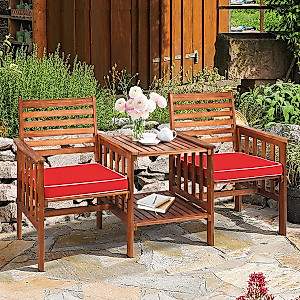 HAPPYGRILL Acacia Wood Loveseat with Table Patio Bistro Set Wooden Table Chairs Set with Cushions, Outdoor Furniture Set with 2.1 inch Umbrella Hole for Garden Balcony